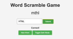 Word Scramble Game Using HTML, CSS and JavaScript With Source Code - CodeWithCurious