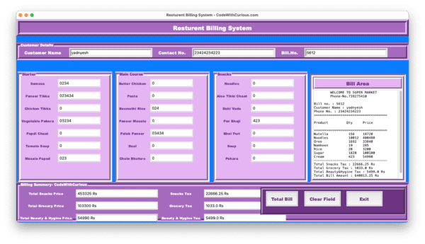 Restaurant Billing System Using Python With Tkinter Module With Gui